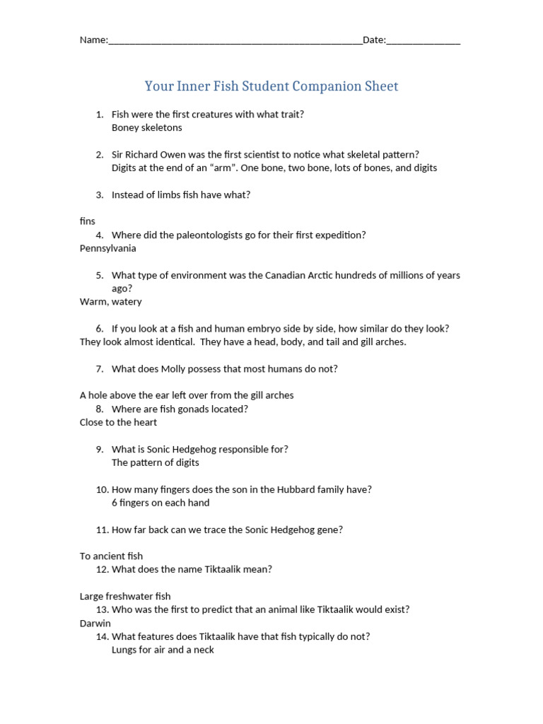 Your Inner Fish Student Companion Sheet | PDF | Fish