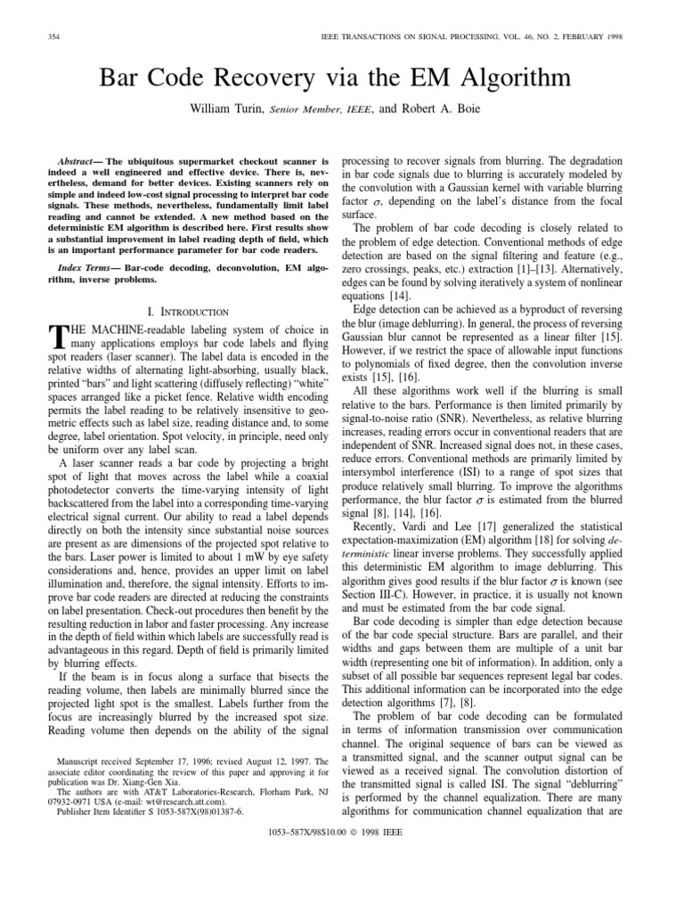 Bar Code Recovery Via The EM Algorithm: William Turin,, and Robert A ...
