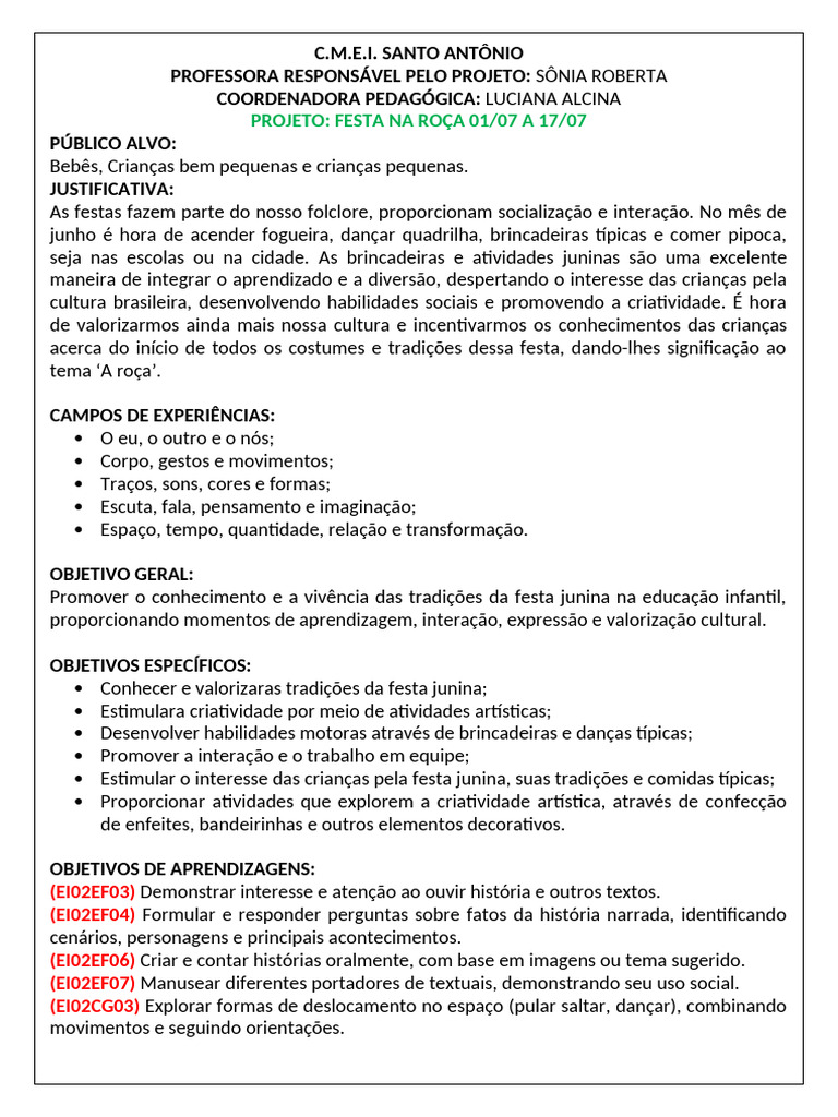 Projeto Festa Na Roça - Sonia Roberta | PDF | Aprendizado | Pré-escola