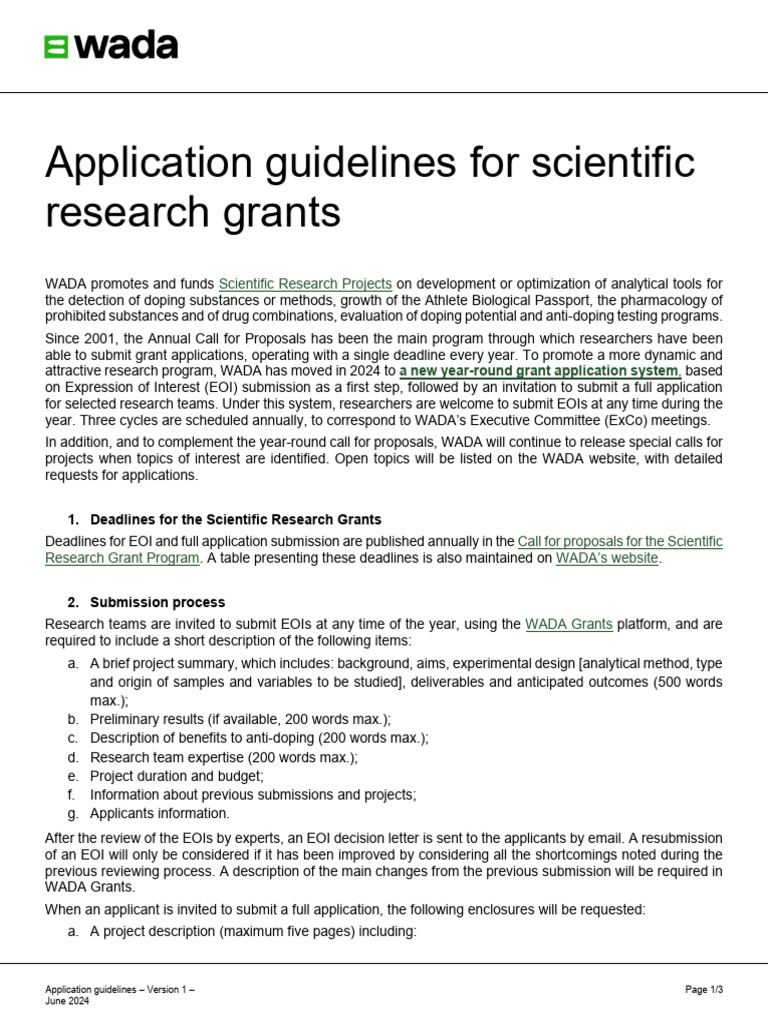 WADA Guidelines Grants Applicants | PDF | Doping In Sport | Science