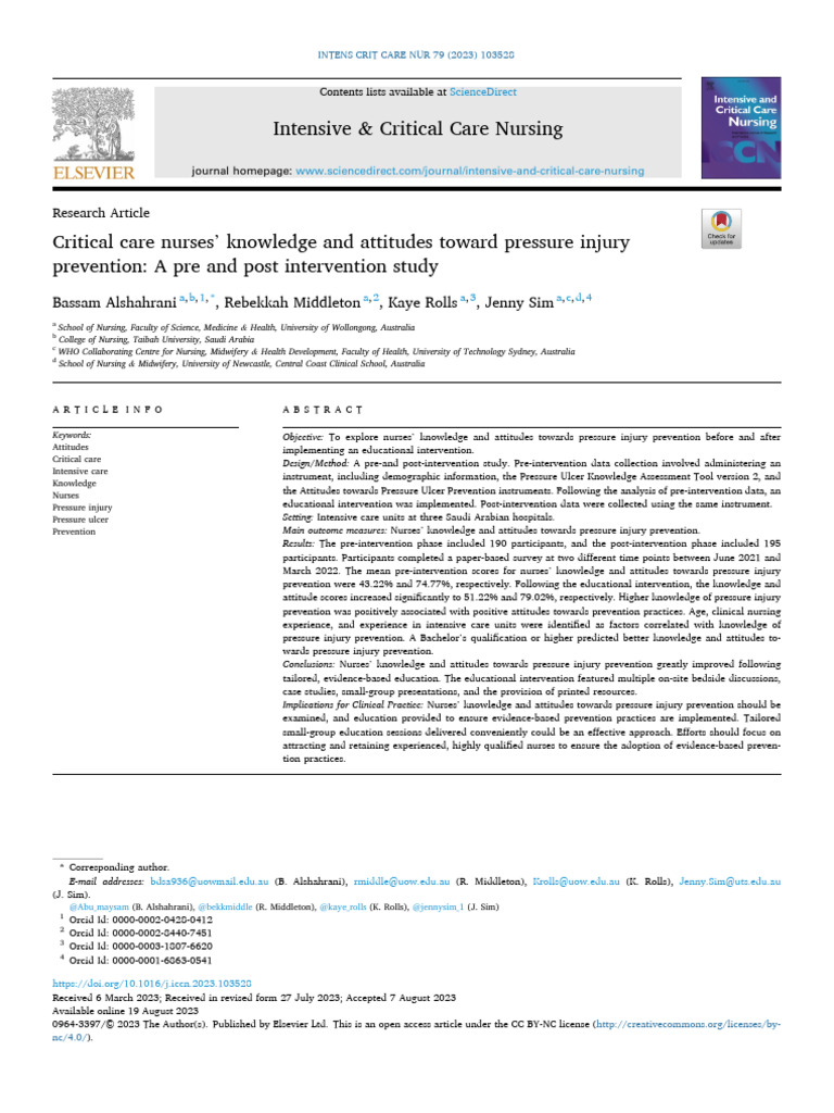 Nurses' Knowledge on Pressure Injury Prevention | PDF | Intensive Care ...