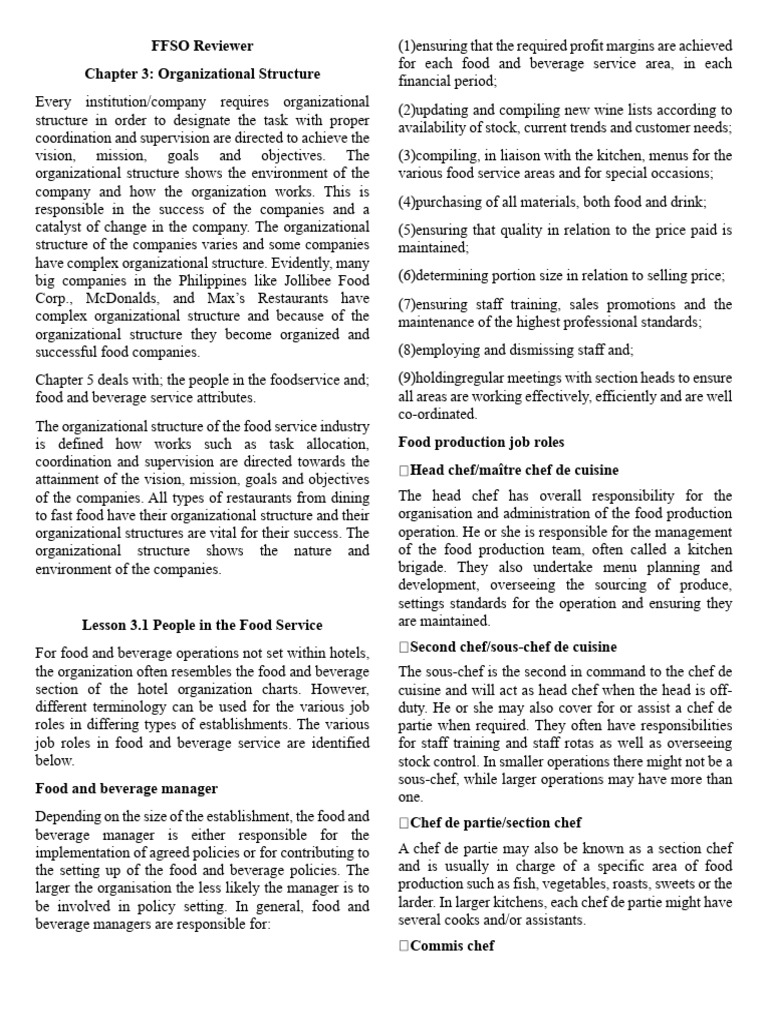 FFSO MT Reviewer | PDF | Chef | Menu
