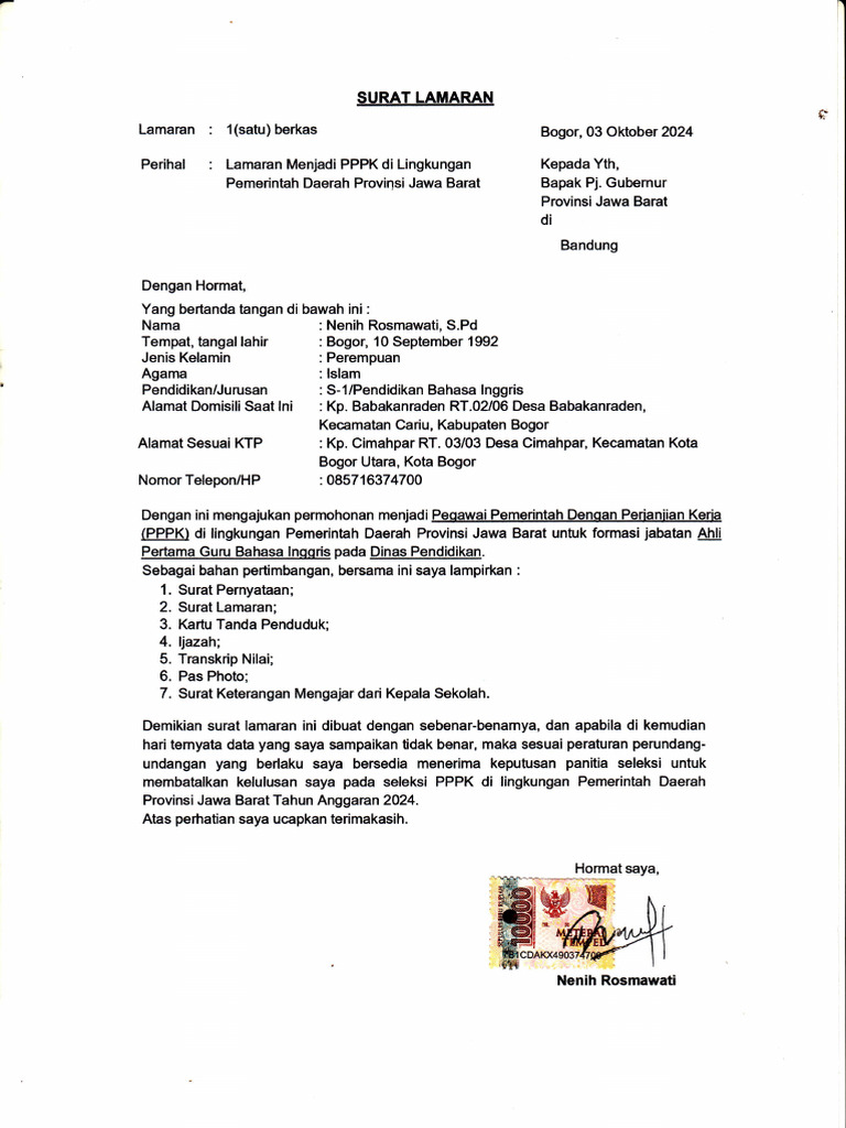 Surat Lamaran PPK Jabar | PDF