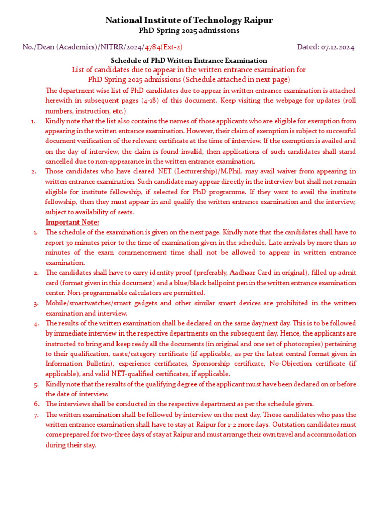 Notification for PhD written entrance examination and interview for ... Notification for PhD written entrance examination and interview for ...