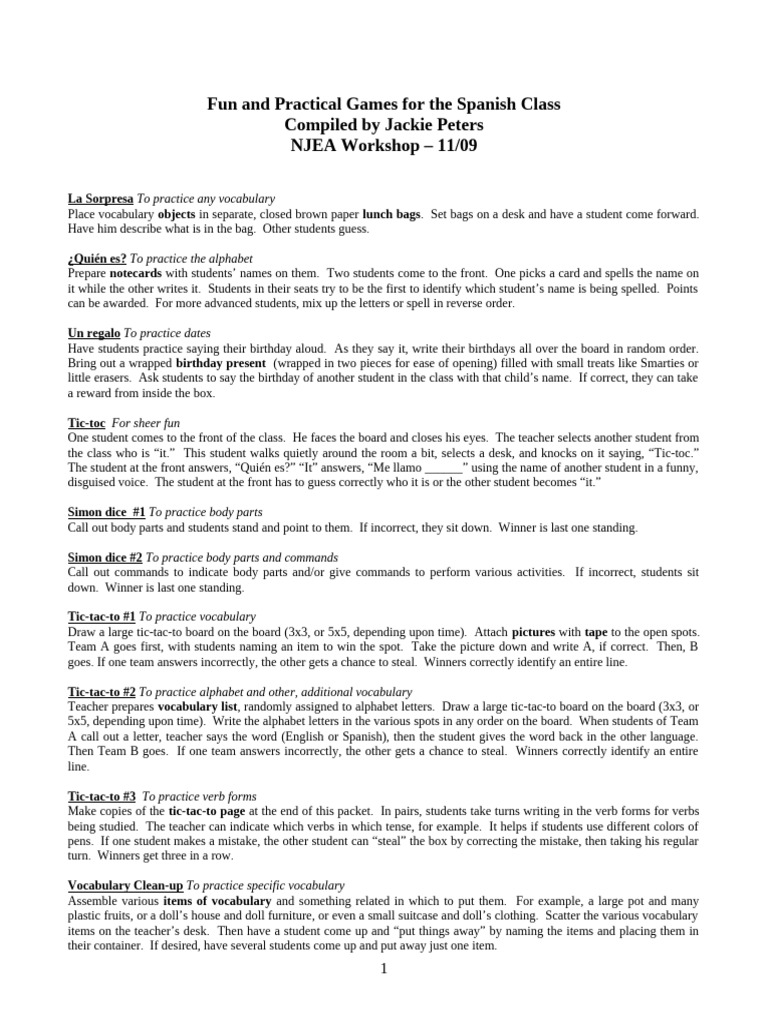 Fun and Practical Games For The Spanish Class | PDF | Grammatical Tense ...