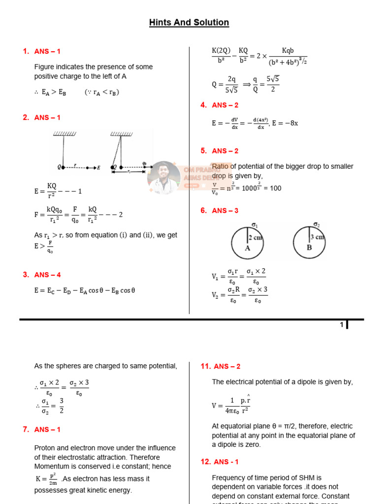 CB#11 (Electrostatics Sol) | PDF | Electric Field | Force