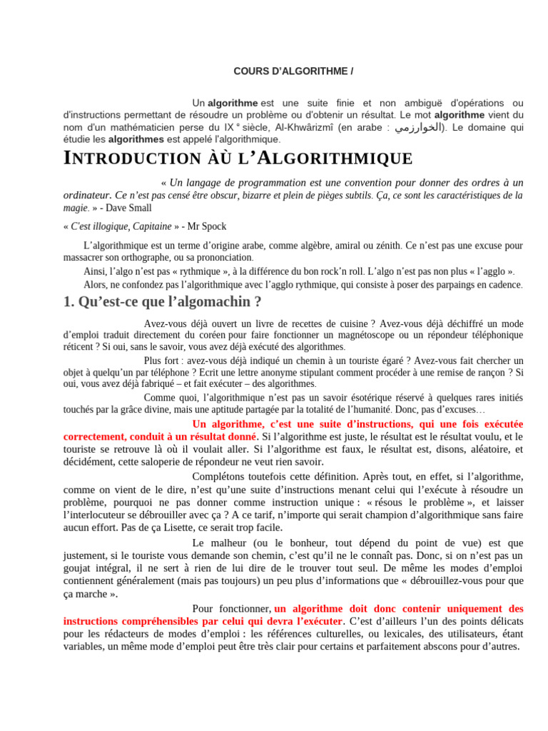 Cours d'Algorithme | PDF | Programmation informatique | Théorie de la complexité (informatique ...