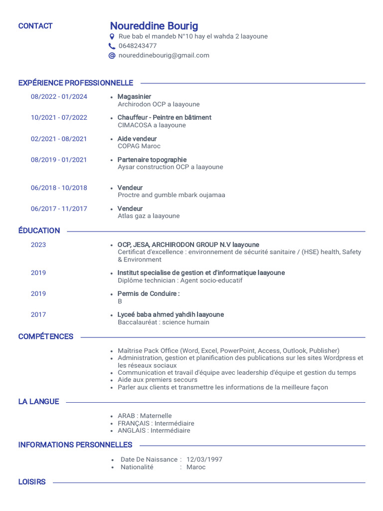 CV de Noureddine Bourig - Magasinier | PDF