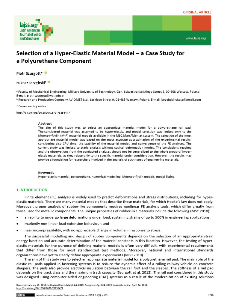Selection of A Hyper Elastic Material Model A Case Study For A Polyurethane Component | PDF ...
