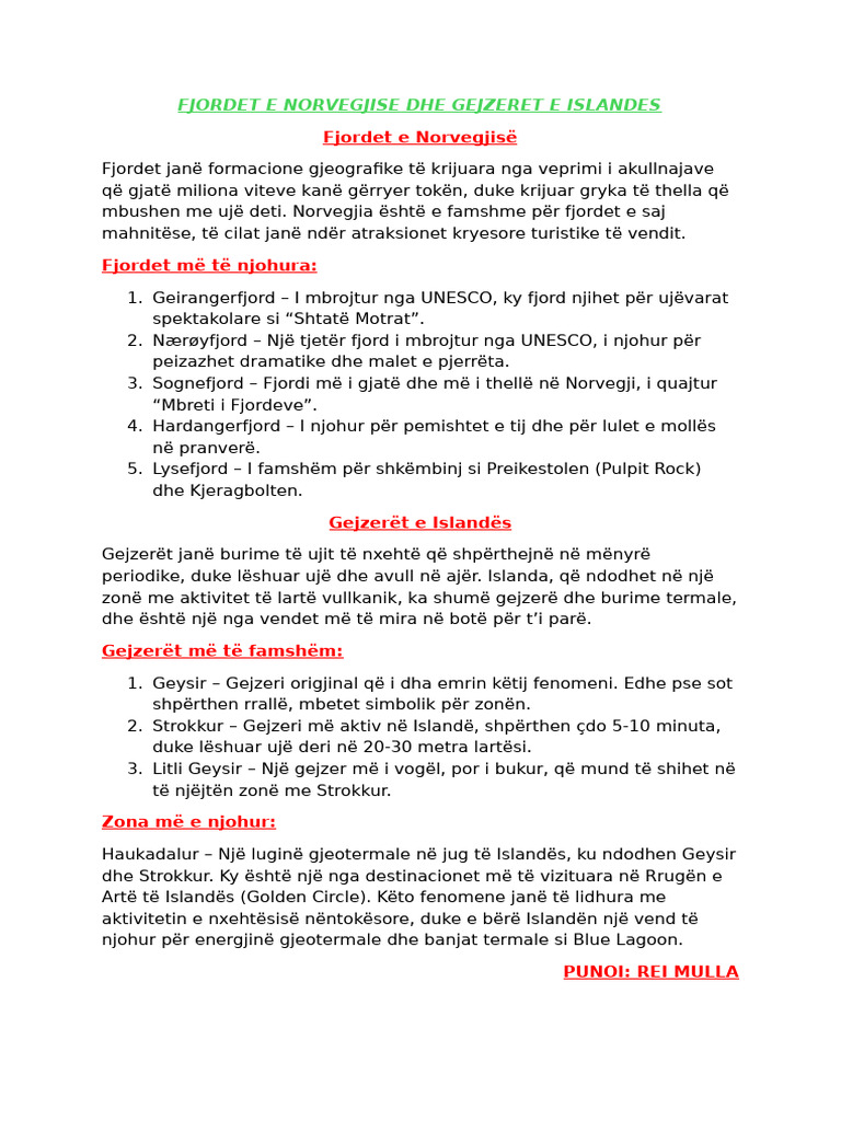 Fjordet e Norvegjise Dhe Gejzeret e Islandes | PDF