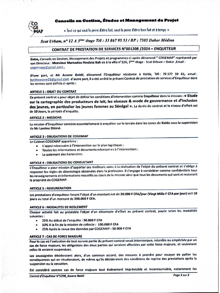 Contrat Enquête Assane Balde | PDF