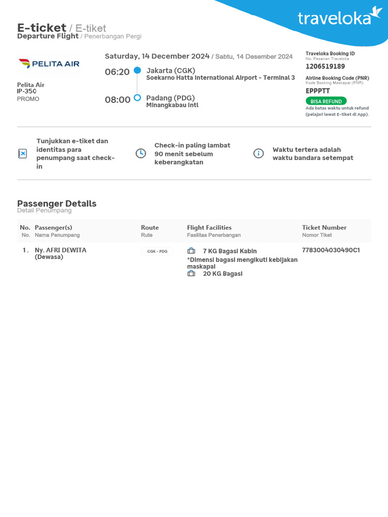 Flight#1 Afri Dewita CGK Eppptt PDG Flight Originating | PDF