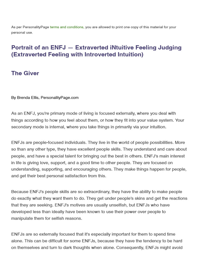 Printable Portrait of An ENFJ | PDF | Extraversion And Introversion | Psychology