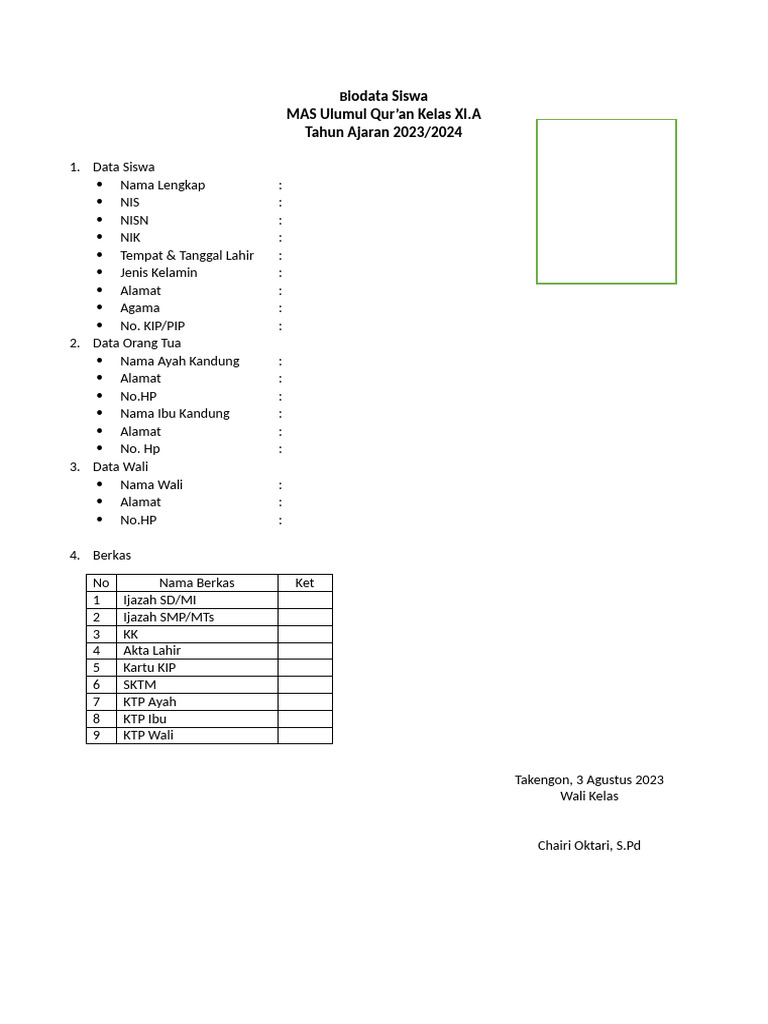 Biodata Siswa | PDF