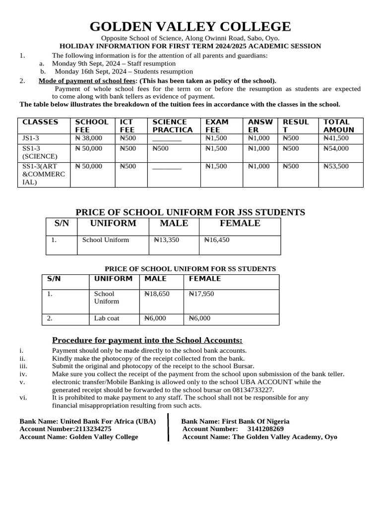 Secondary Holiday Information 1ST Term 2024 2025 - 065341 | PDF ...
