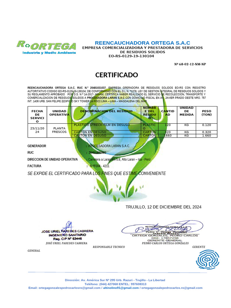 Certificado Procesadora Laran F004 - 4211 | PDF