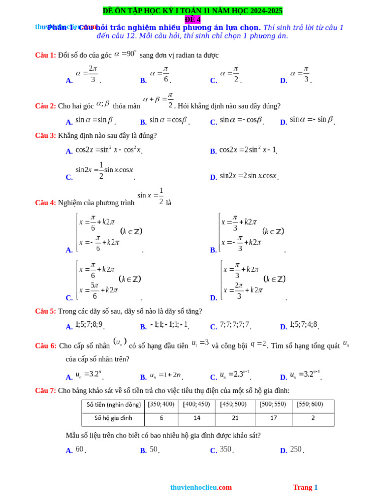 De On Tap HK1 Toan 11 KNTT de 4 | PDF