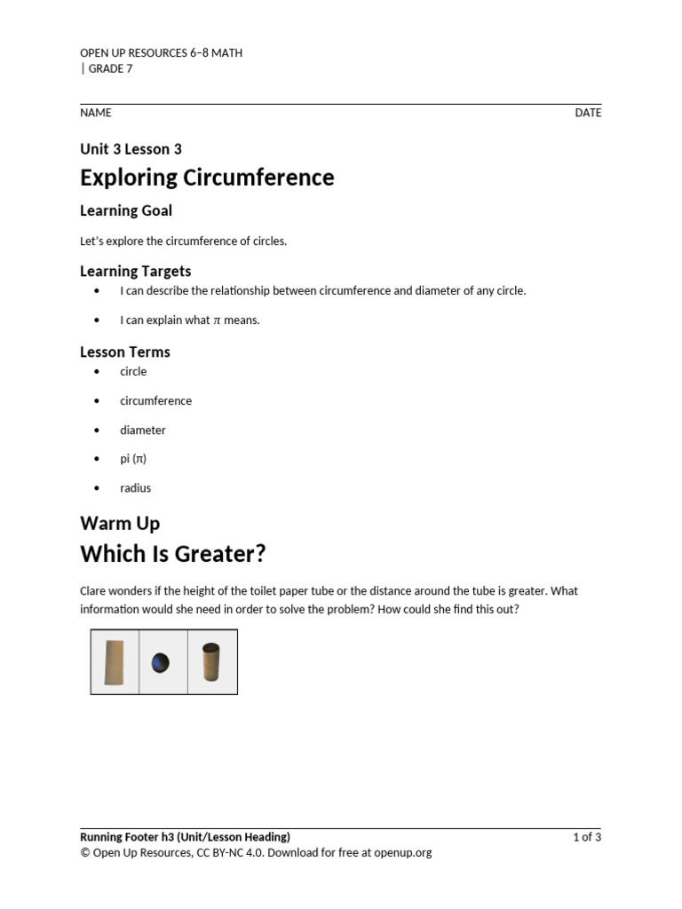 Ade 7.unit 3.section A.lesson 3-En | PDF | Pi | Circle