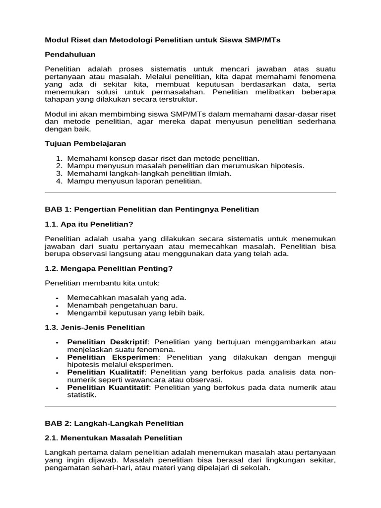 Modul Riset Dan Metodologi Penelitian Untuk Siswa SMP | PDF