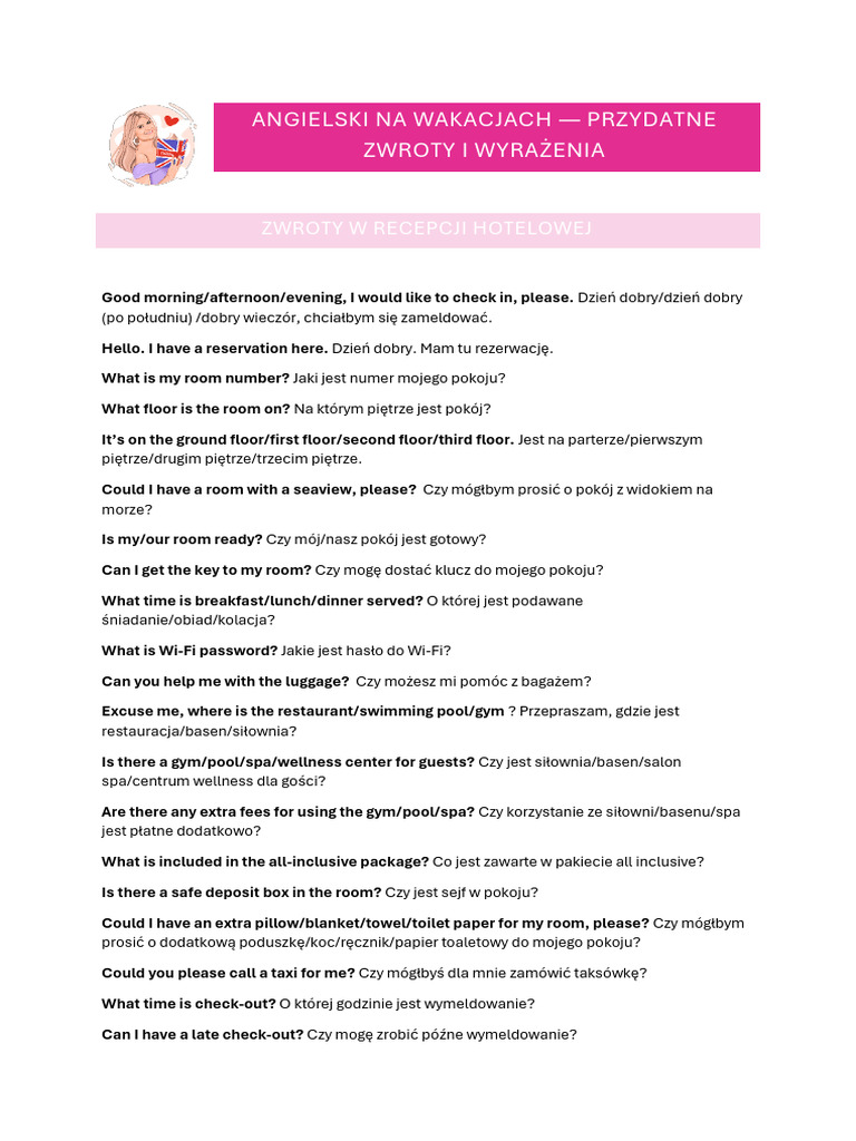 Angielski Na Wakacjach - Przydatne Zwroty | PDF