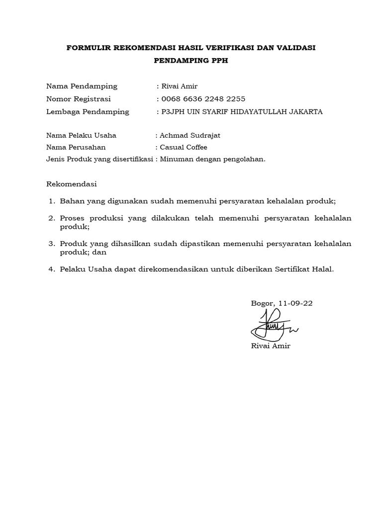 Formulir Rekomendasi Hasil Verifikasi Dan Validasi PPH | PDF