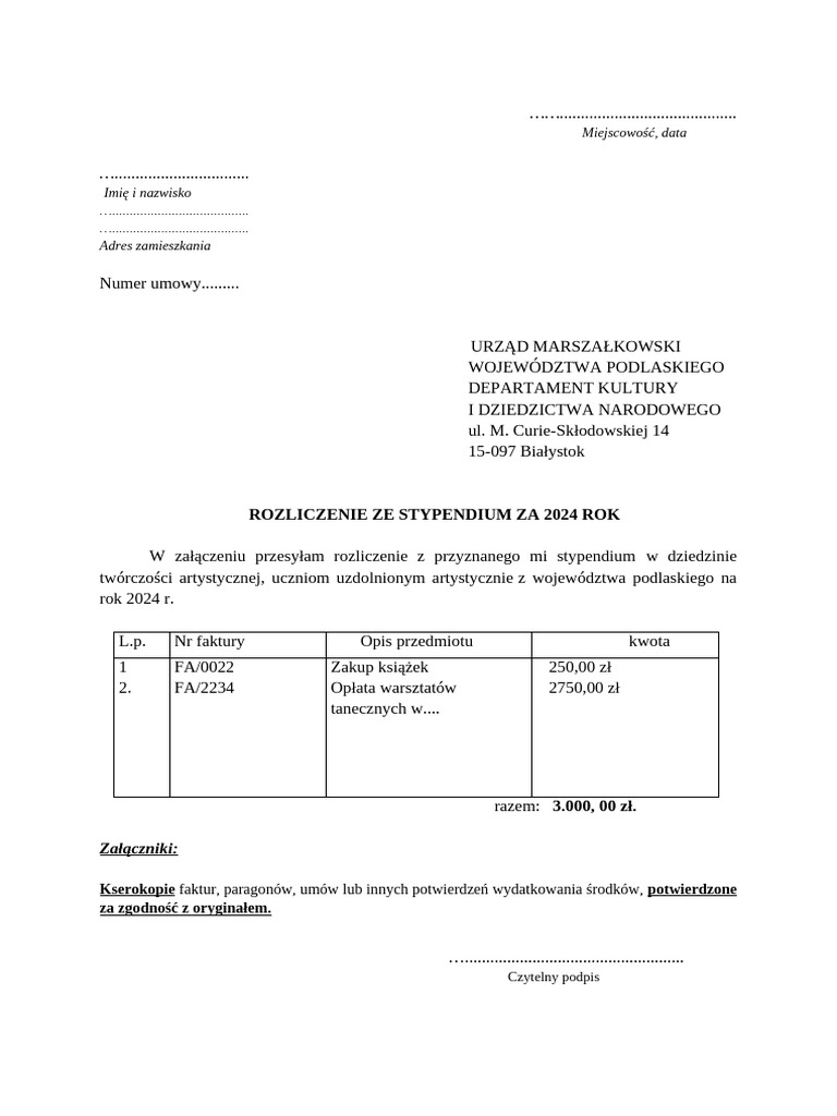 wzor_rozliczenia_ze_stypendium_w_dziedzinie_tworczosci_artystycznej_za ...