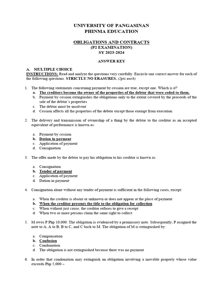 P2-OBLICON-ANSWER-KEY | PDF | Payments | Debtor