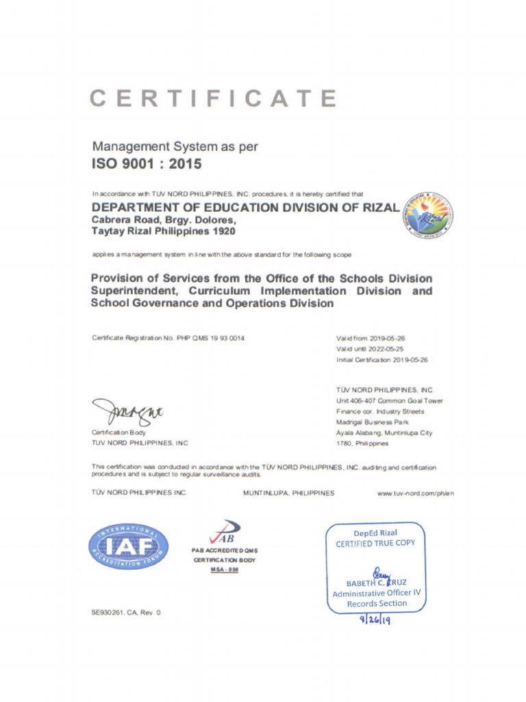 SDO Rizal Certification | PDF