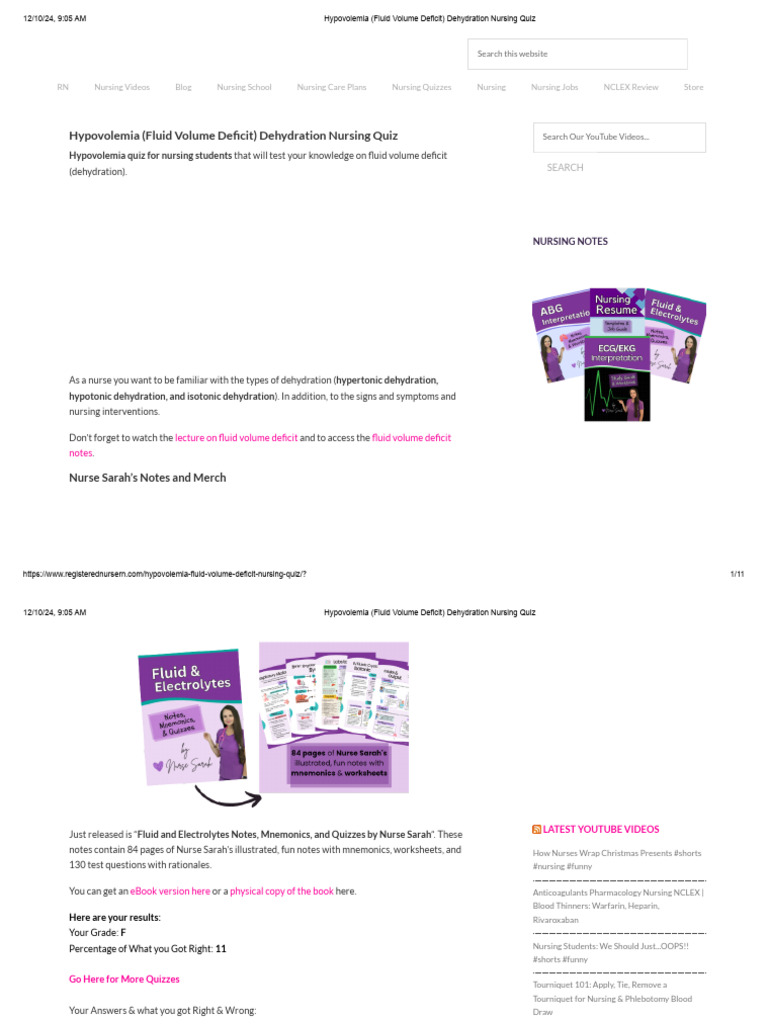 Hypovolemia (Fluid Volume Deficit) Dehydration Nursing Quiz | PDF ...