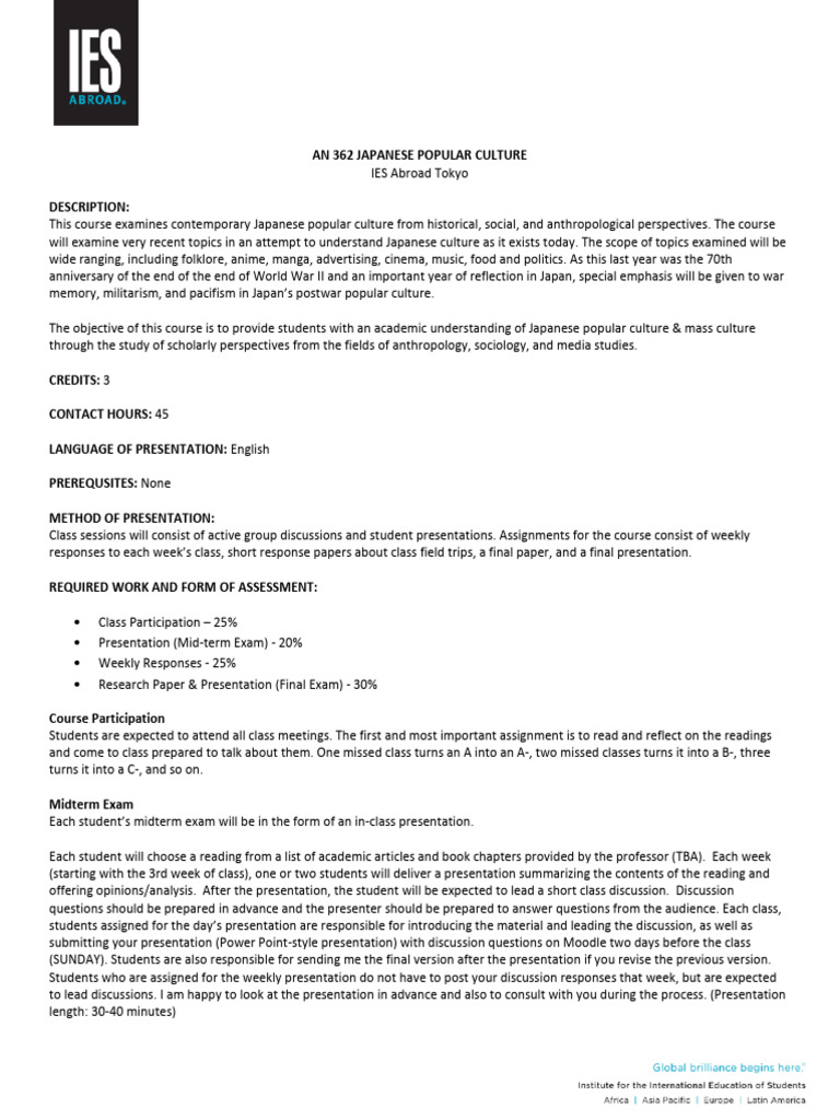 AN 362: Japanese Popular Culture Course | PDF
