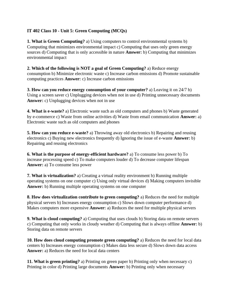 Unit 5 Important MCQ IT 402 | PDF | Electronic Waste | Sustainability