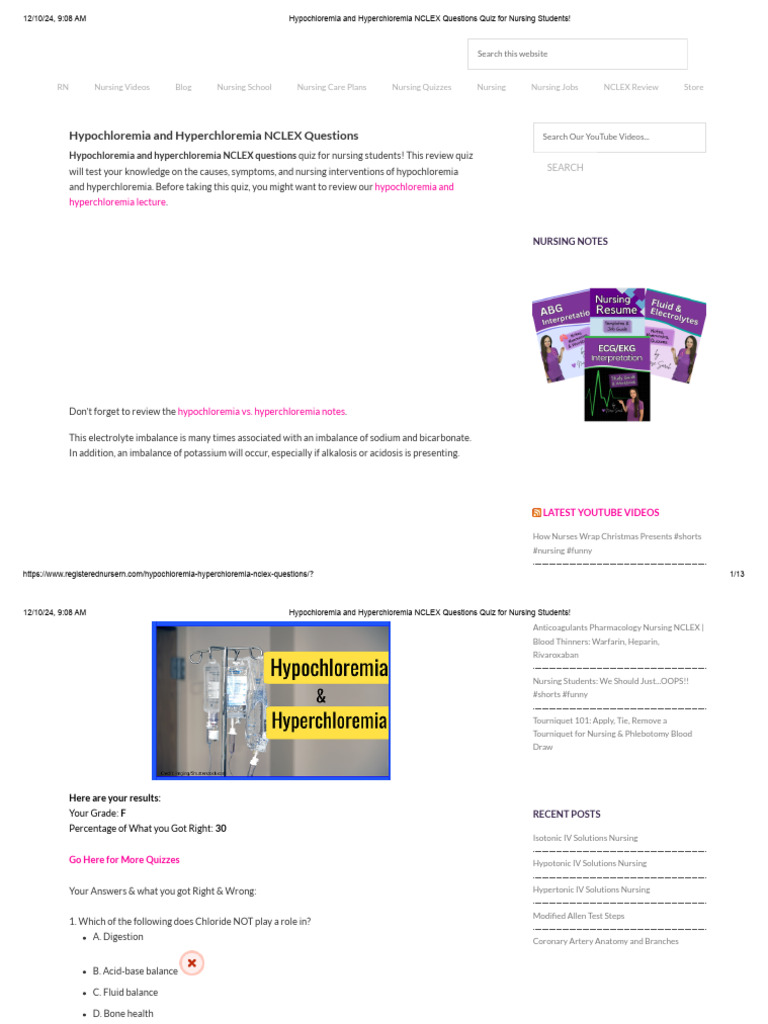 Hypochloremia & Hyperchloremia NCLEX Quiz | PDF | Intensive Care ...
