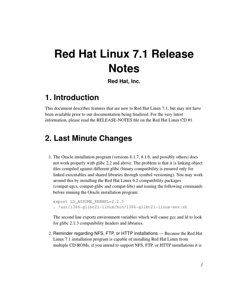 Red Hat Linux 7.1 Release Notes | PDF | Linux | Installation (Computer ...