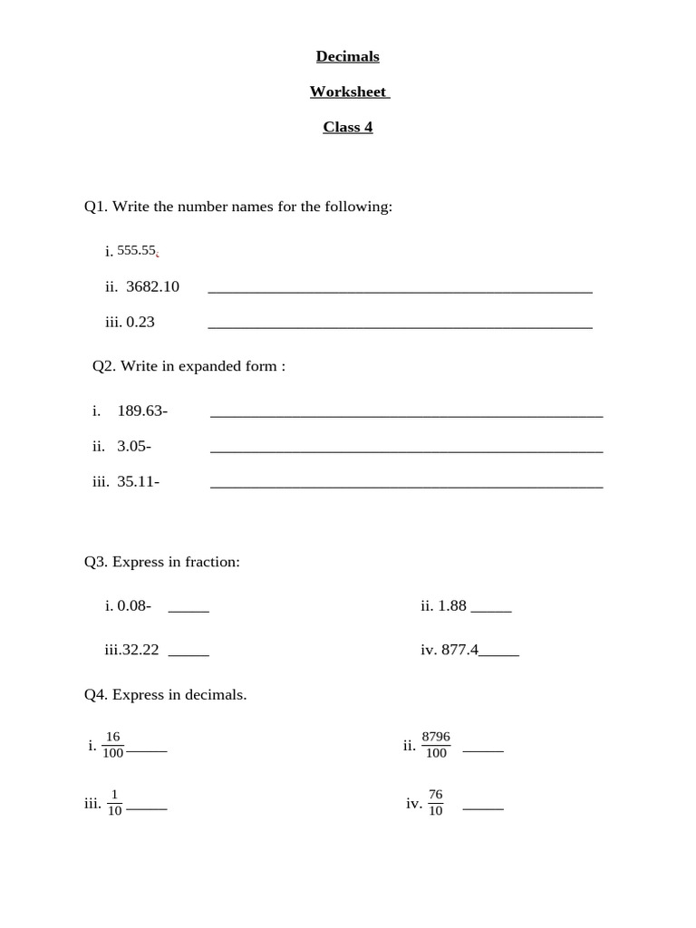 Class 4 Decimals Worksheet | PDF | Division (Mathematics) | Arithmetic