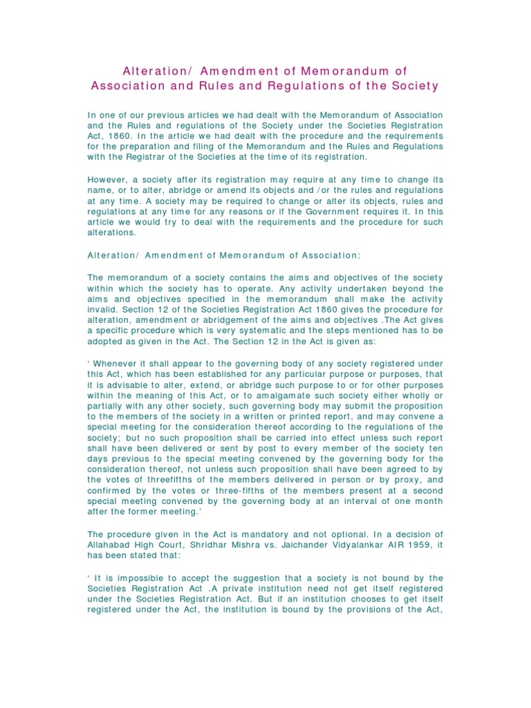 Alteration/ Amendment of Memorandum of Association and Rules and ...