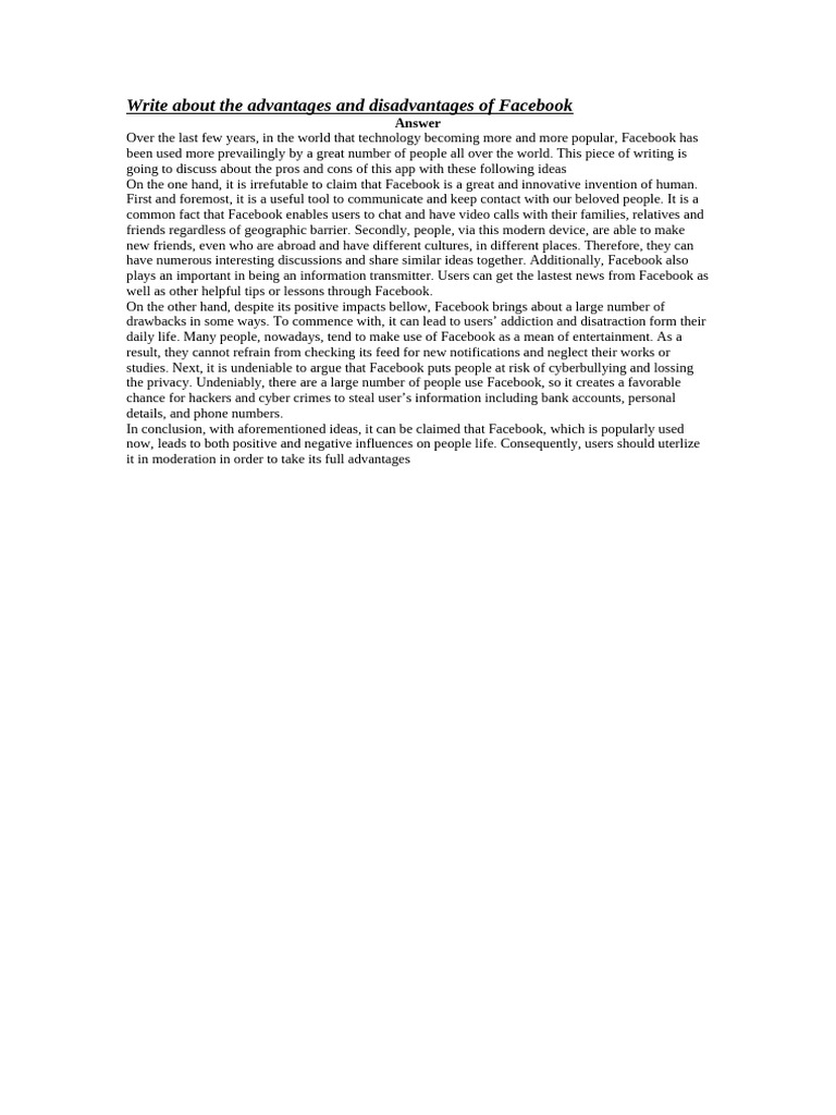 Advantages and Disadvantages of Facebook | PDF