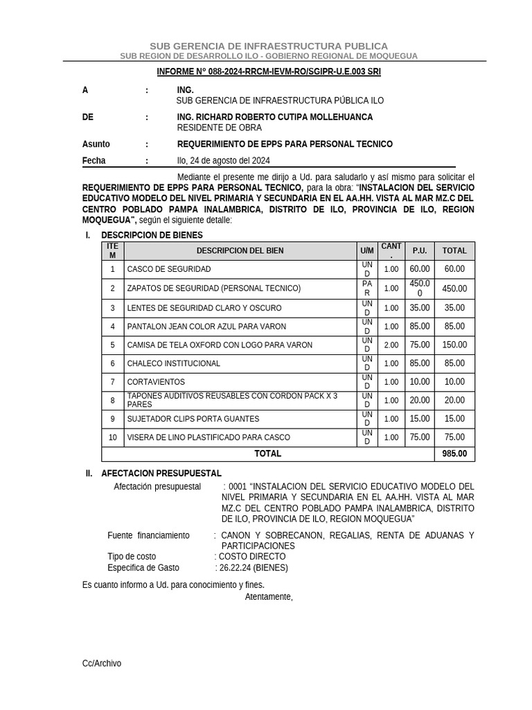 Informe #088 Requerimiento de Epps para Personal Tecnico2 | PDF
