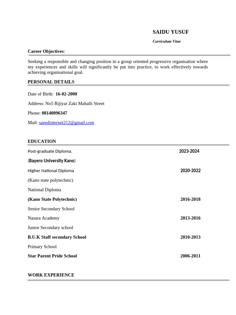 Saidu Yusuf CV: Education & Work Experience | PDF