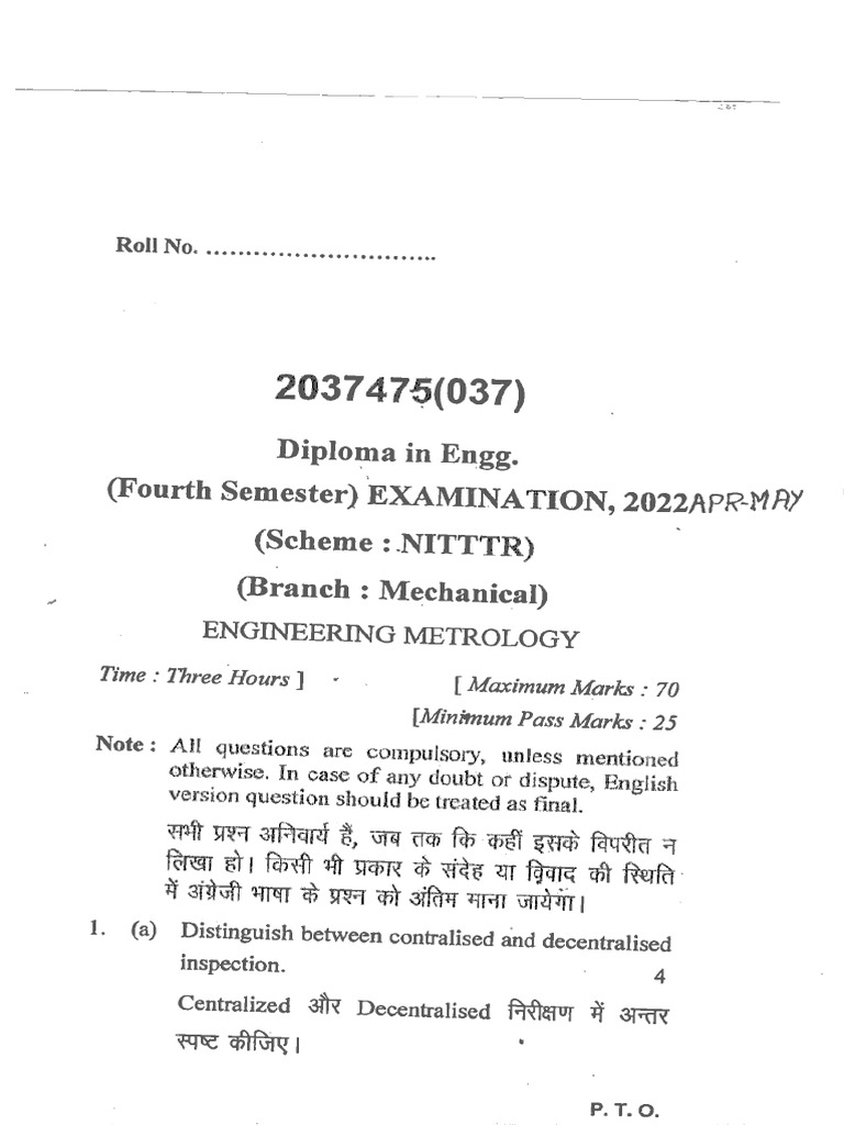 Dip Me 4 Sem Engineering Metrology 2037475 2022 | PDF