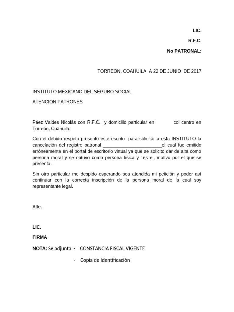 Imss Escrito para Solicitar Tarjeta Patronal | PDF