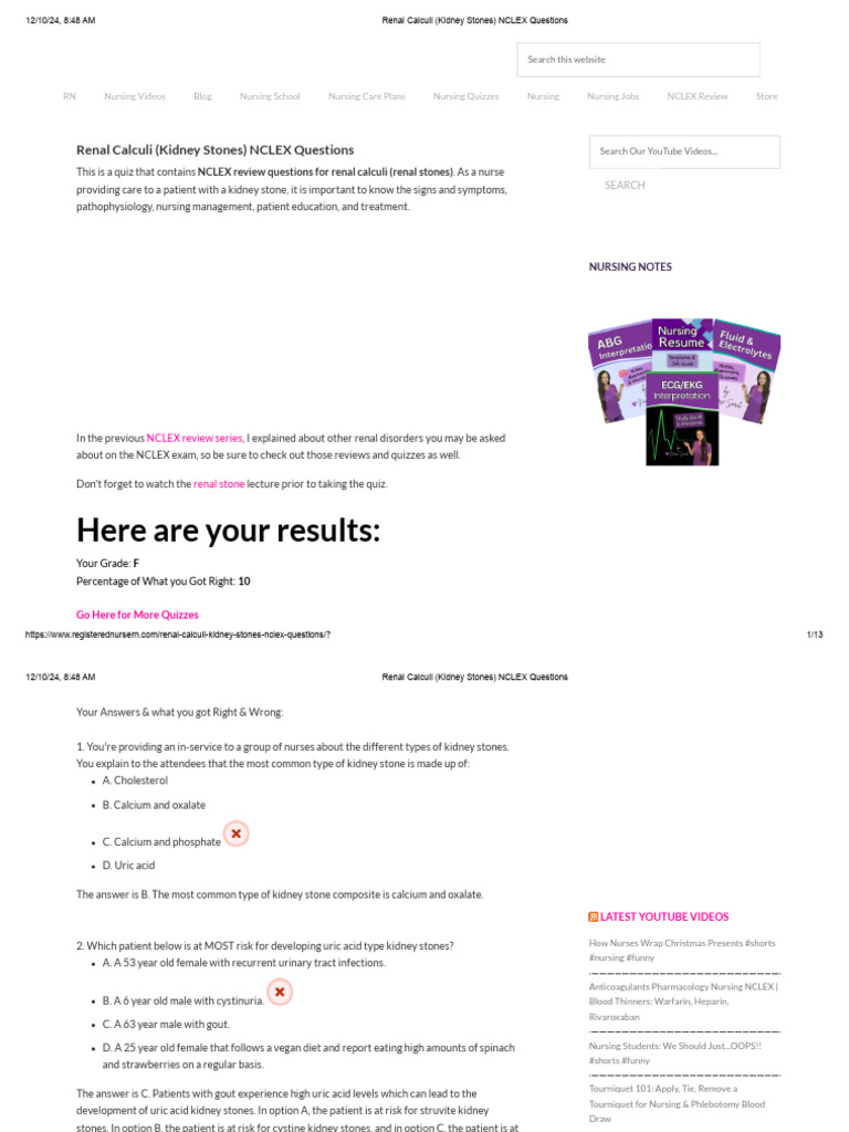 Renal Calculi (Kidney Stones) NCLEX Questions | PDF | Kidney | National ...