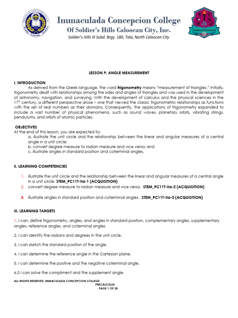 Module In Precalculus Trigonometry Pdf Trigonometric Functions Angle