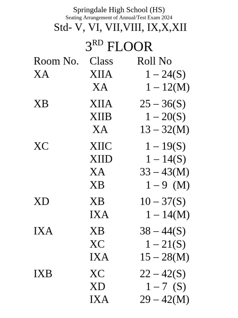 Springdale HS 2024 Exam Seating Plan | PDF