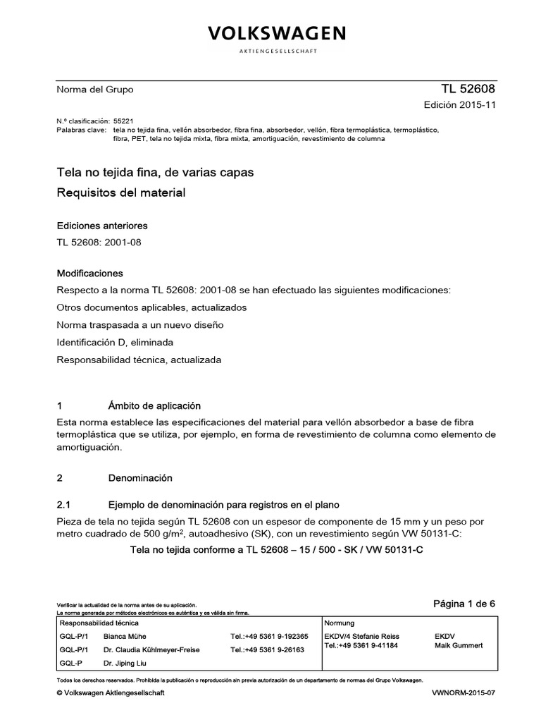 Norma Técnica - VOLKSWAGEN - TL 52608 - Vellón Con Fibra Termoplástica ...