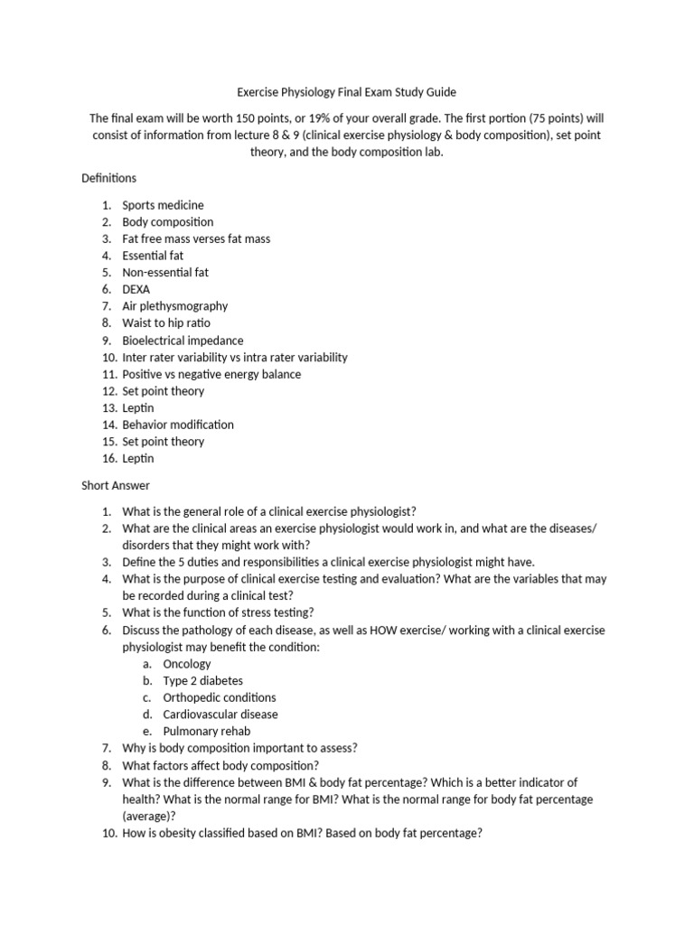 Final Exam Study Guide - 2023 | PDF | Aerobic Exercise | Obesity