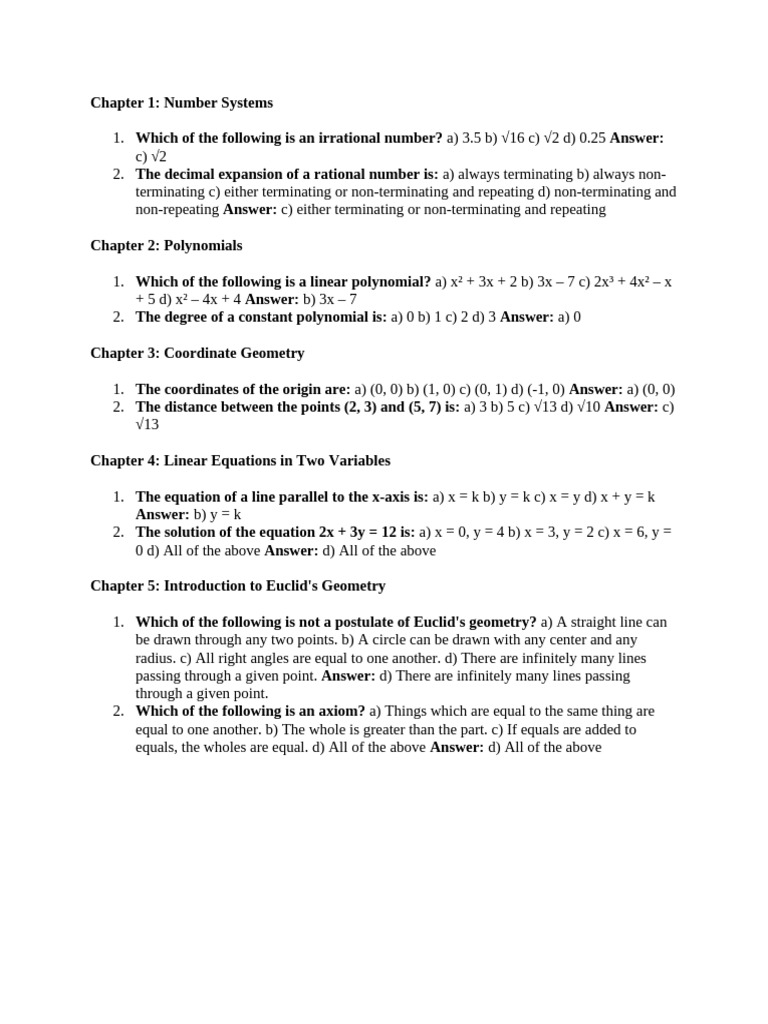 Chapter 1 To 5important MCQ Class 9 | PDF