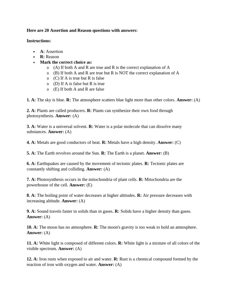 Assertion and Reason Quiz with Answers | PDF | Water | Atmosphere Of Earth