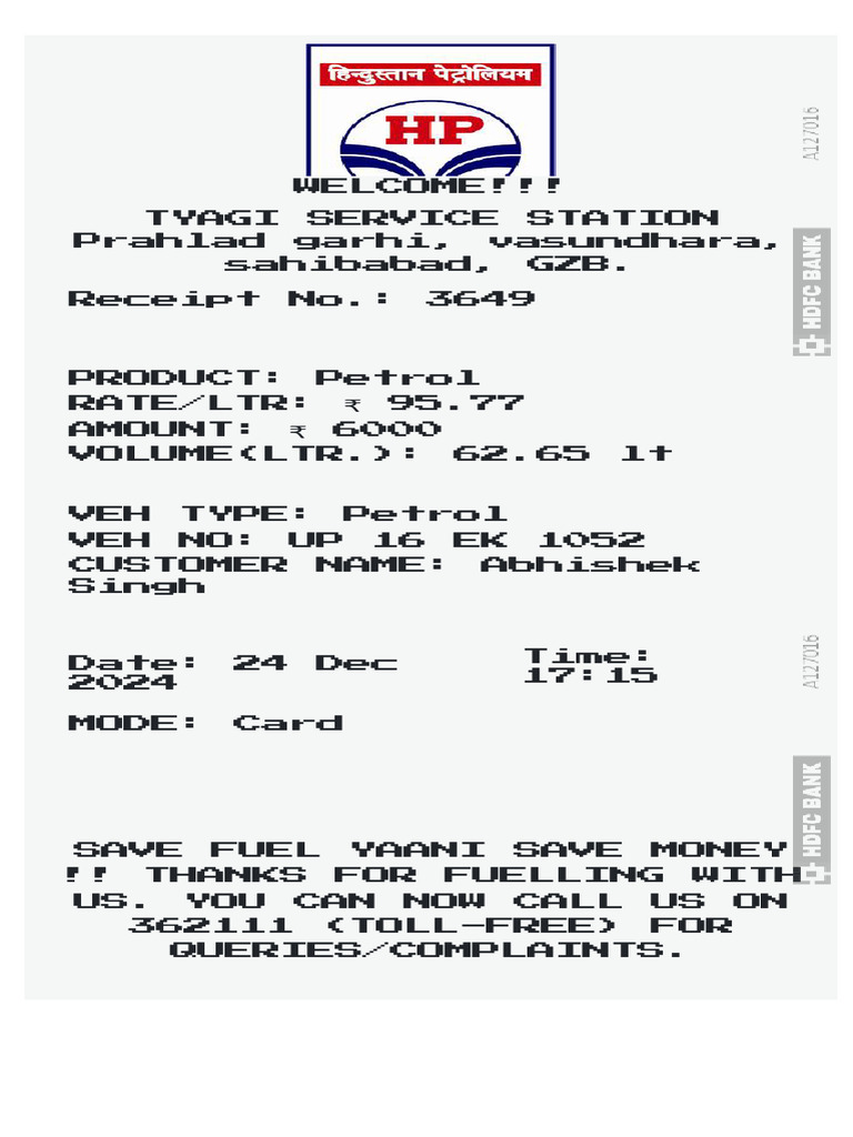 Petrol Purchase Receipt - Tyagi Service Station | PDF