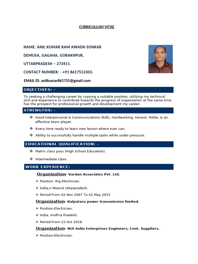 Anil Kumar Sonkar's CV and Experience | PDF