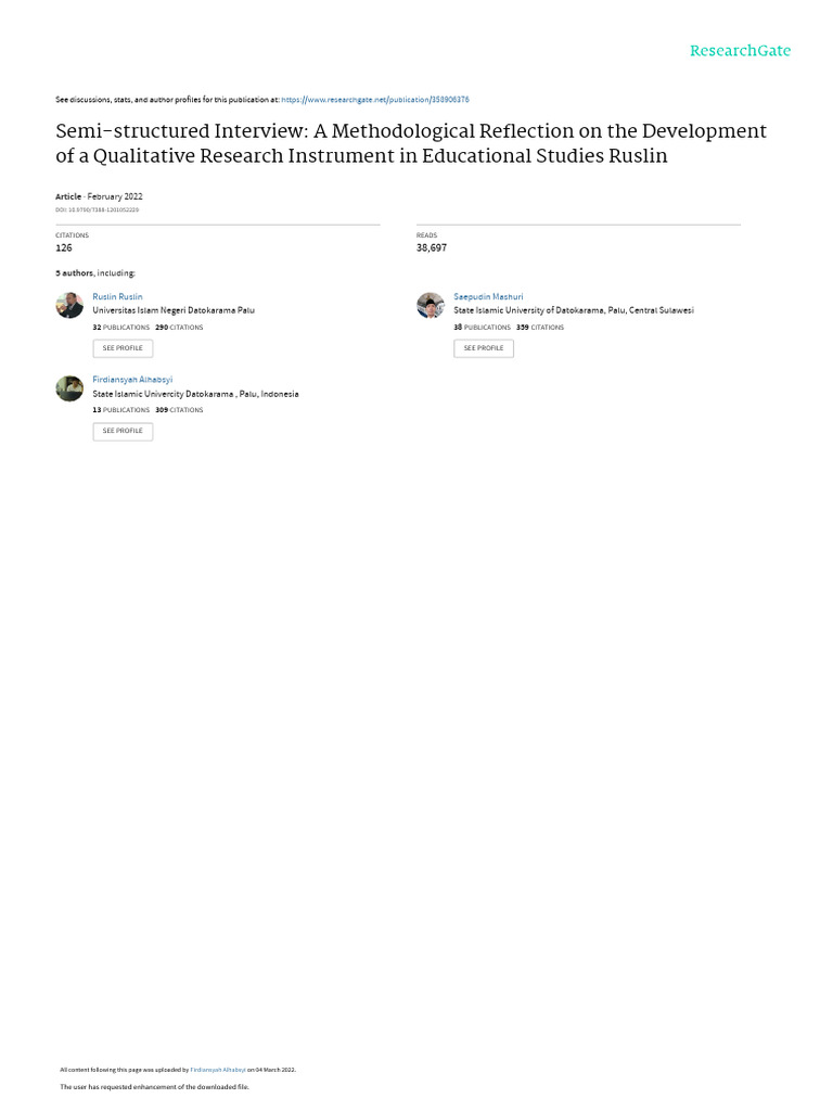Semi-Structured Interview: A Methodological Re Ection On The ...
